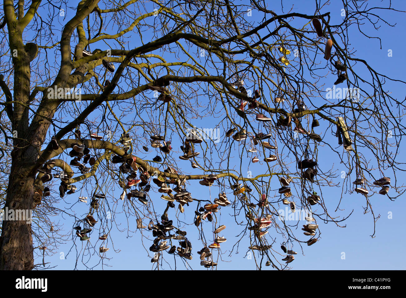 A collection of a large number of shoes, trainers and deck-shoes thrown ...