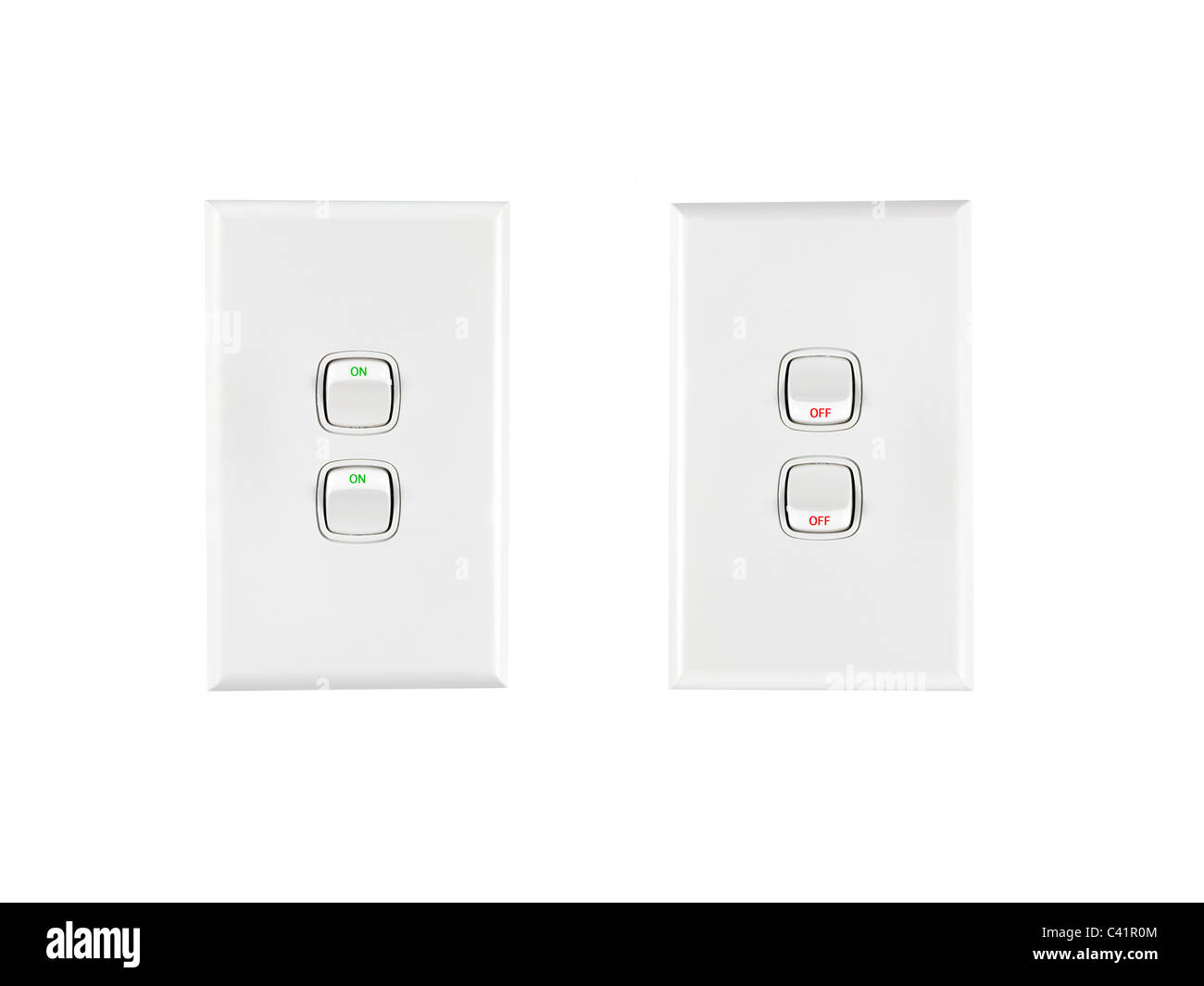A white double light switch turned on and off Stock Photo - Alamy