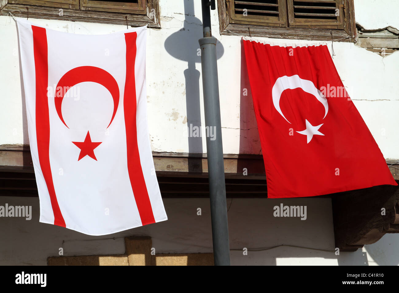 Cyprus.Flags of the Turkish controlled northern part of Cyprus along ...