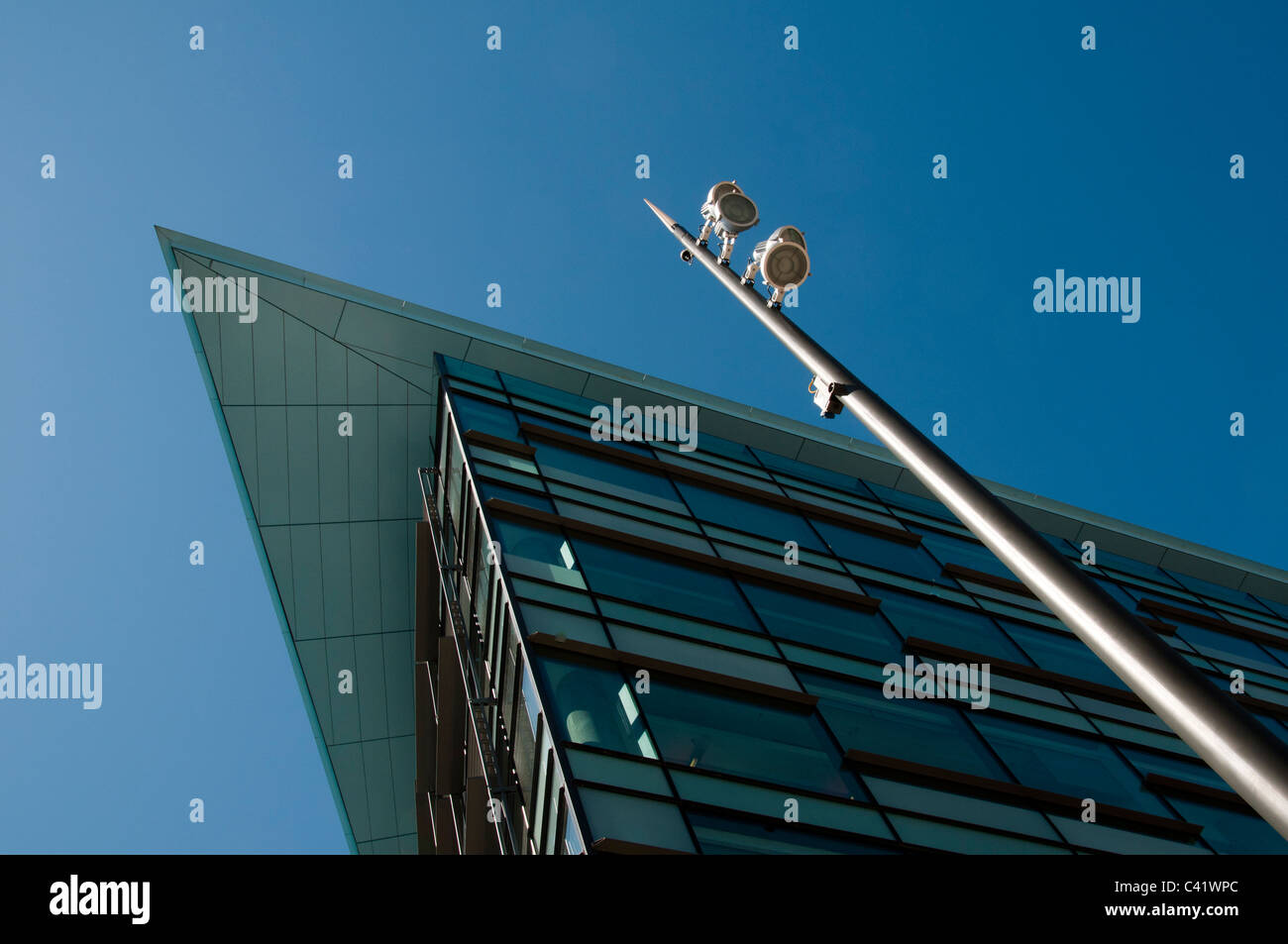 Quay House (BBC) and lighting column at MediaCityUK. Salford Quays ...