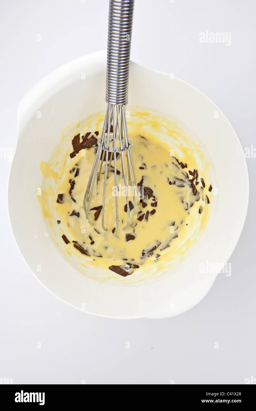 liquid dough for biscuits with chocolate pieces in a white bowl with ...