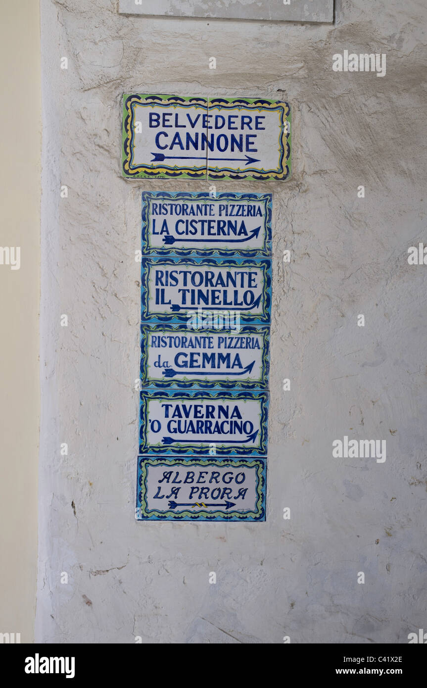 Traditional ceramic street and business signs on the Isle of Capri ...