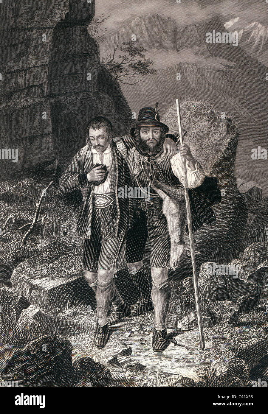 hunting, "The Wounded Hunter", steel engraving after painting by Jakob ...