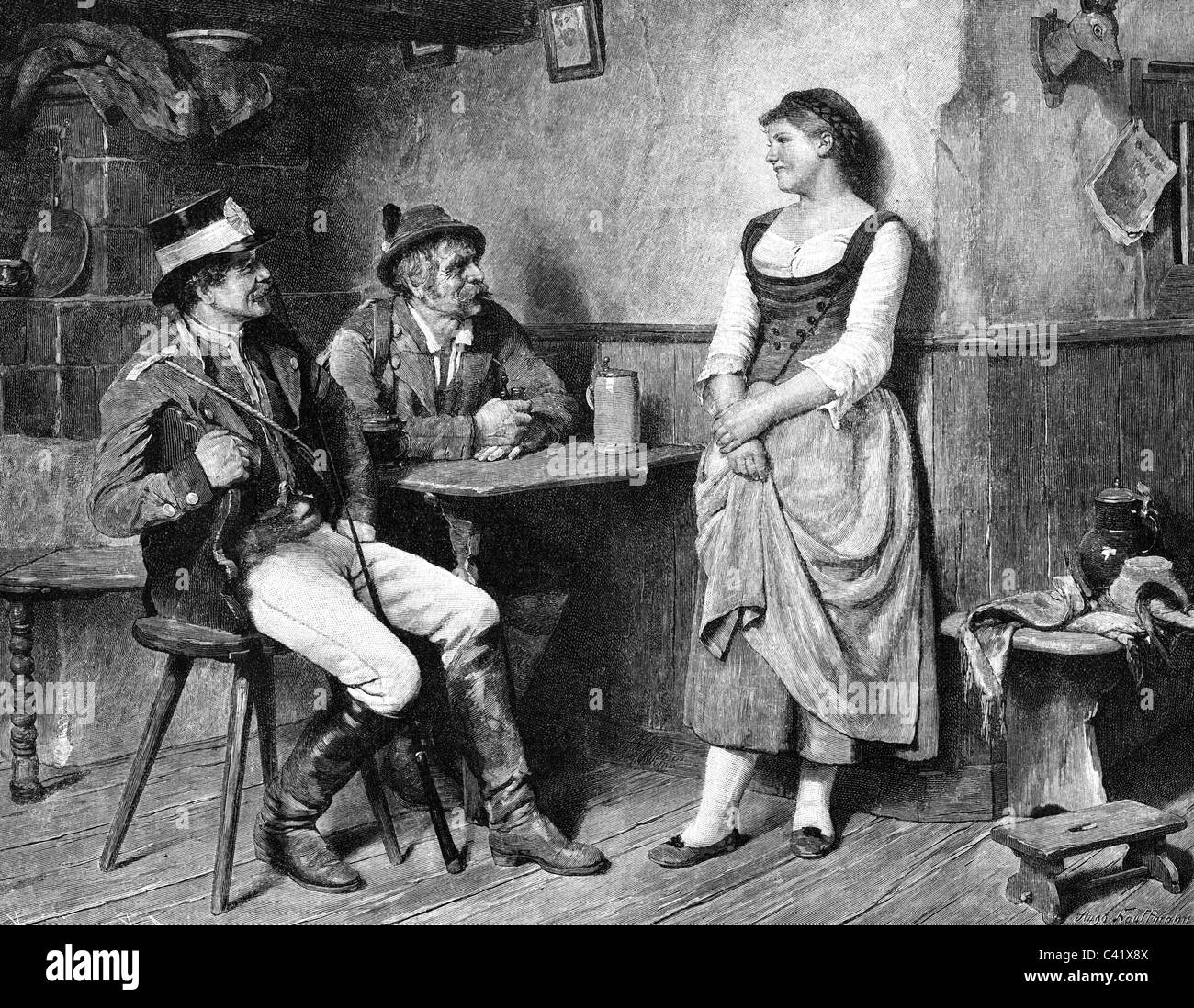 mail, postmen, postillon, wood engraving after painting by Hugo ...