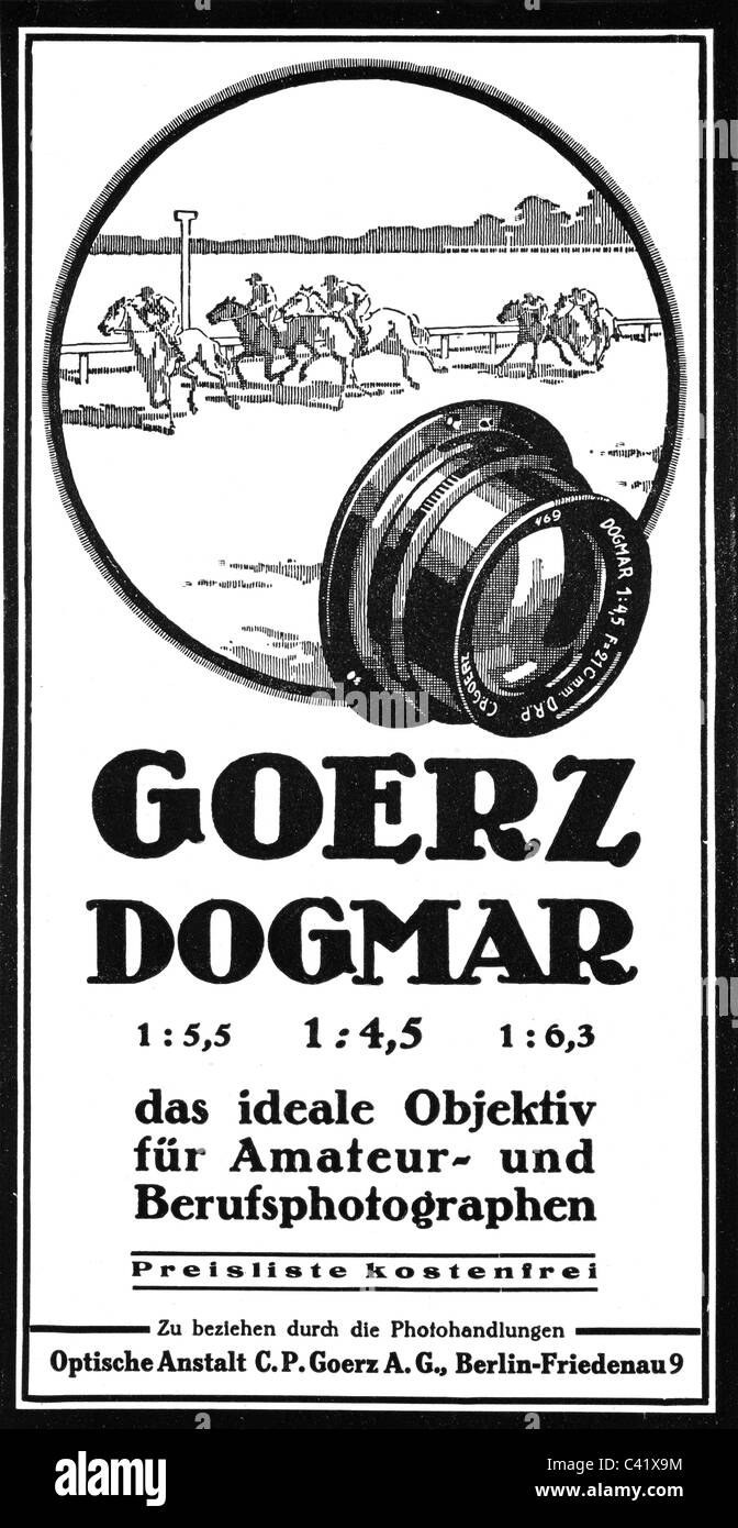 advertising, photography, lenses, Goerz Dogmar, Optische Anstalt C. P ...