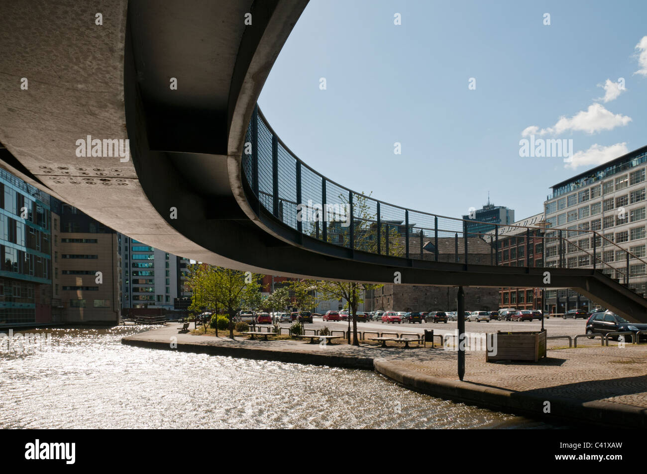 Curved footbridge over the Rochdale Canal, Piccadilly Basin, Manchester ...