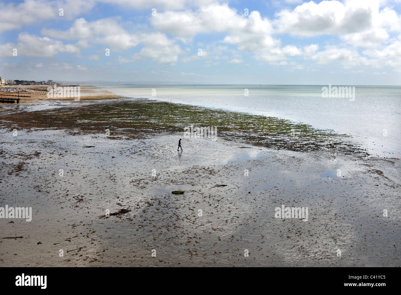 A lone swimmer walks out across the sand for a swim off Worthing beach ...