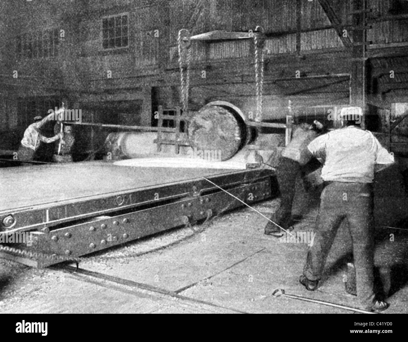 industry, glass, glass production, effusing and milling a mirror plate ...