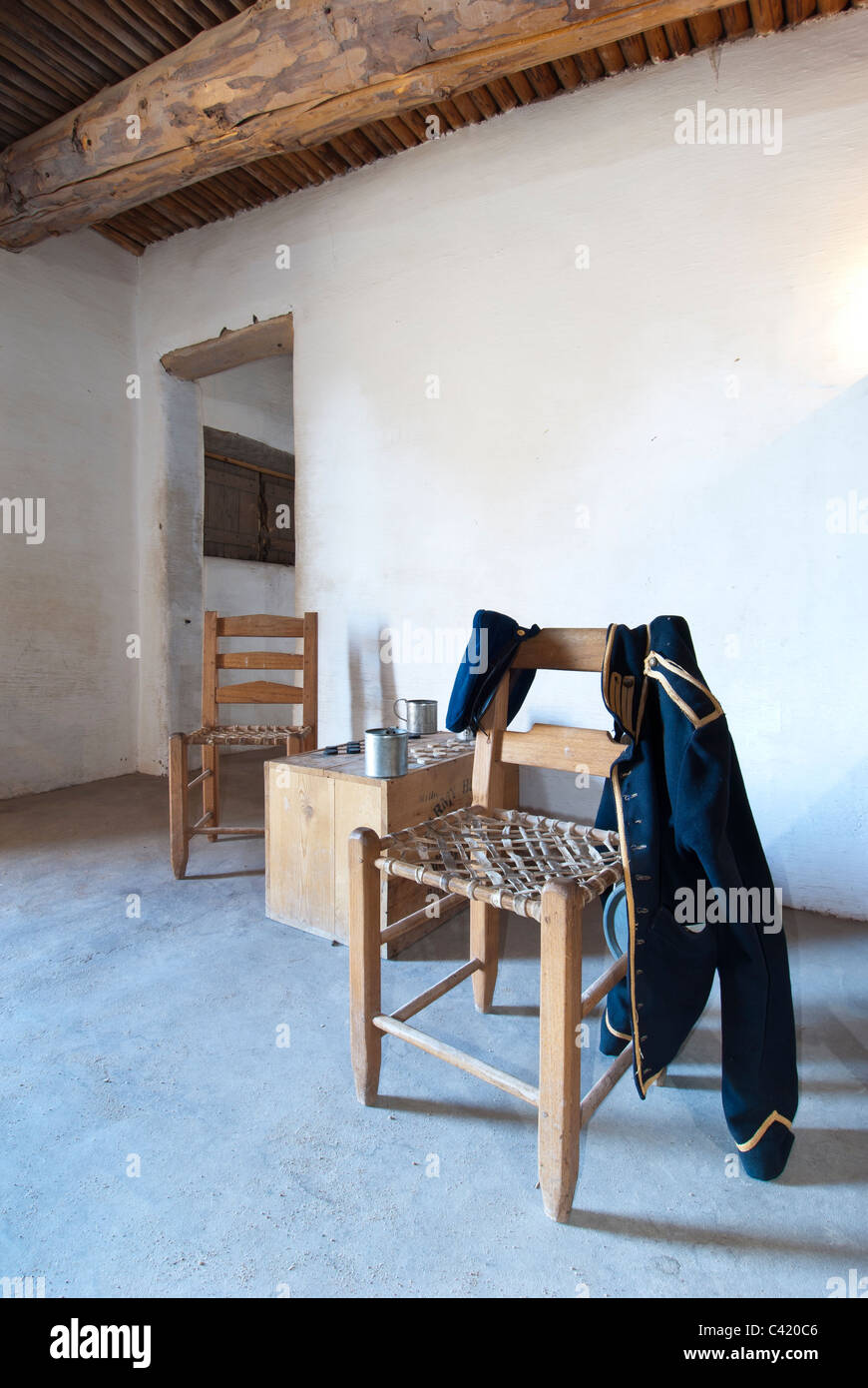 Uniform jacket on a chair, soldier's living quarters, Bent's Old Fort ...