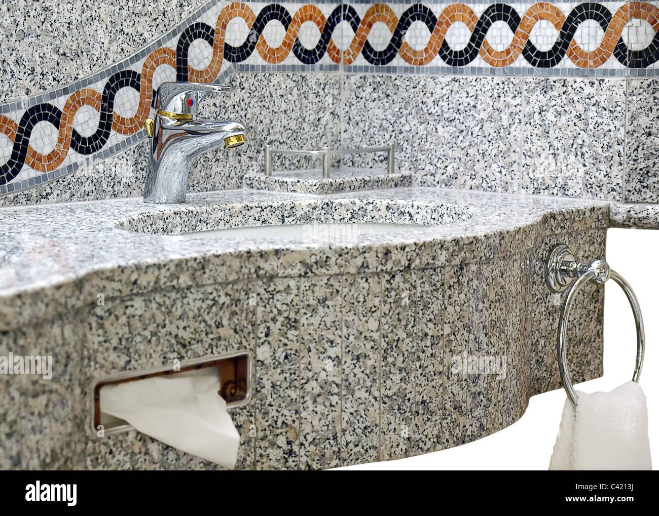 Front view of a modern bathroom with granite counter top Stock Photo ...