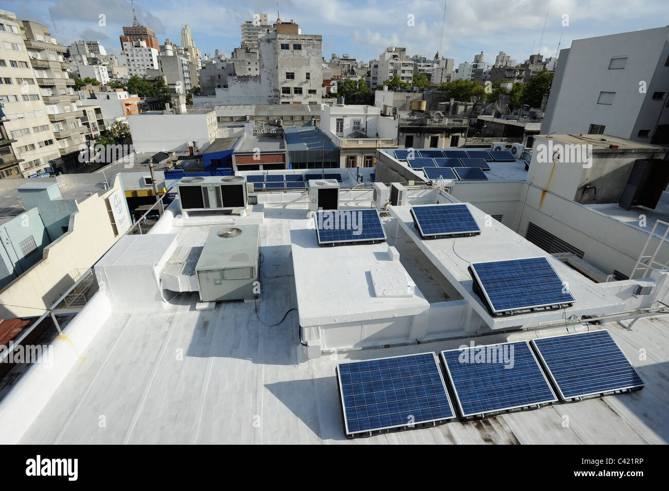 URUGUAY Montevideo , Solar panel on rooftop of Bayer office building ...