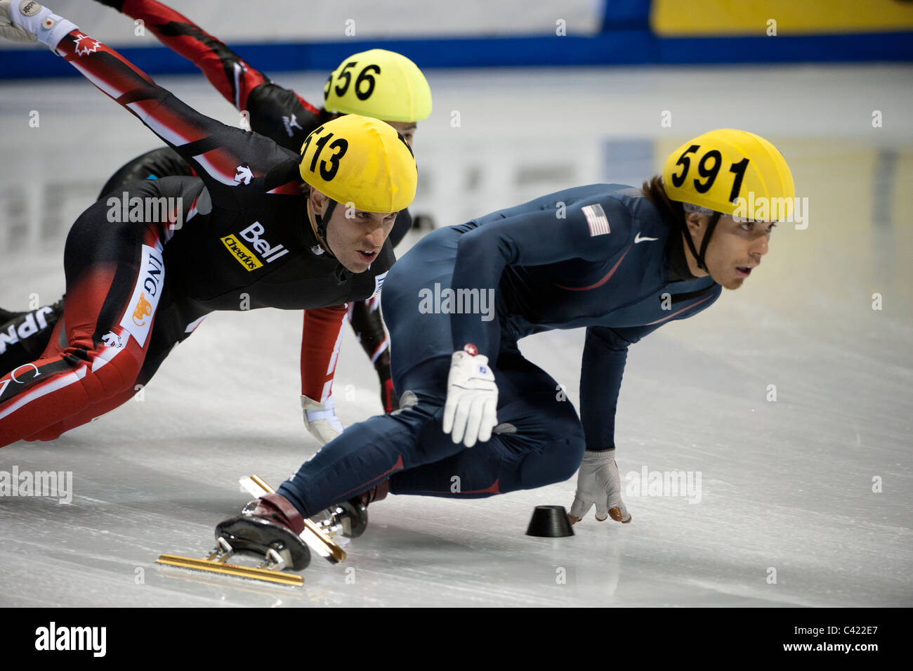 Apolo Anton Ohno (USA) leads from Francois-Louis Tremblay (CAN) in the ...