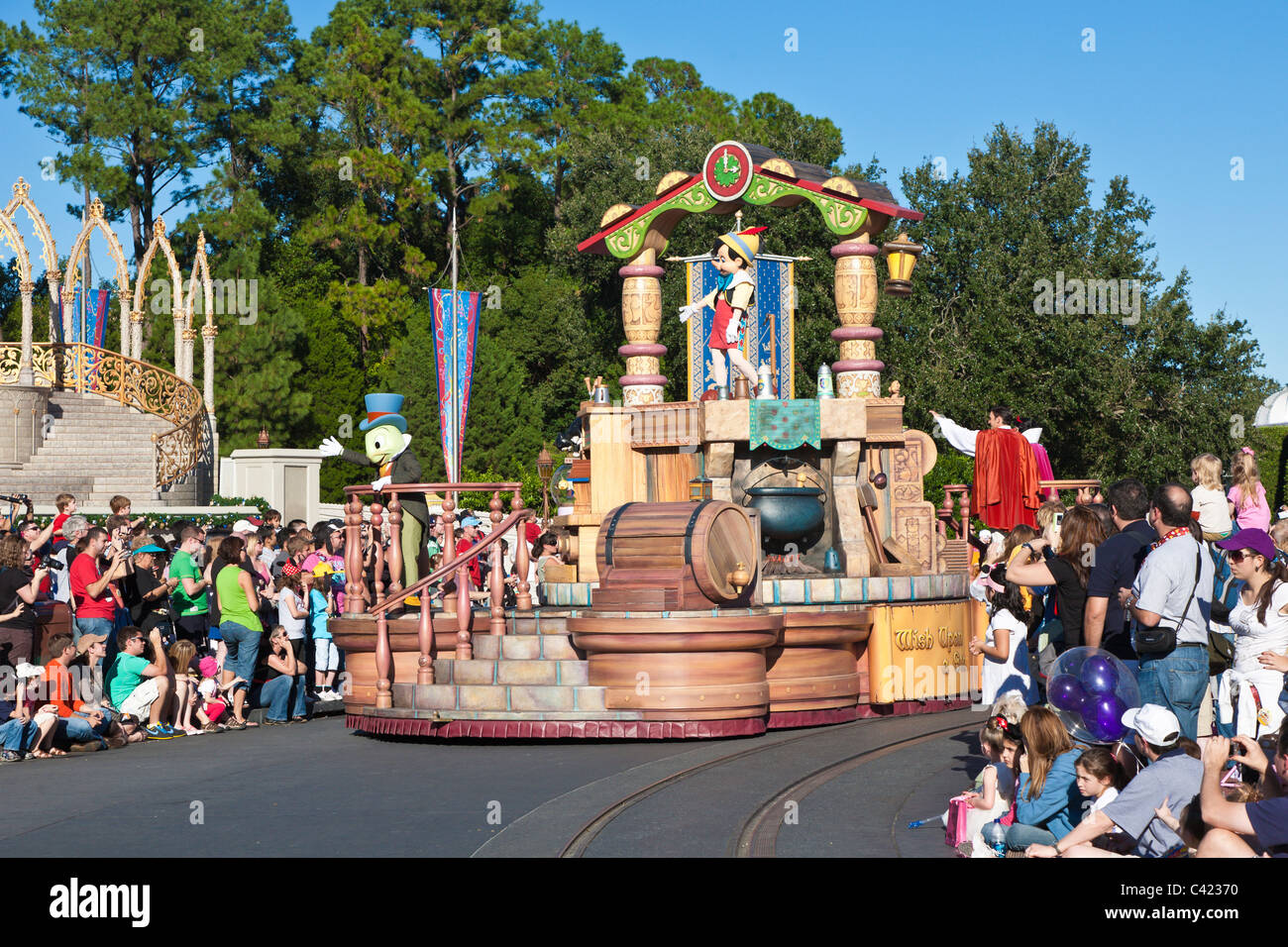 Pinocchio character riding a float in A Dream Come True parade at the ...