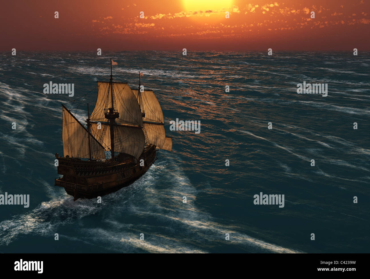 ancient sailing ship at sunset Stock Photo - Alamy