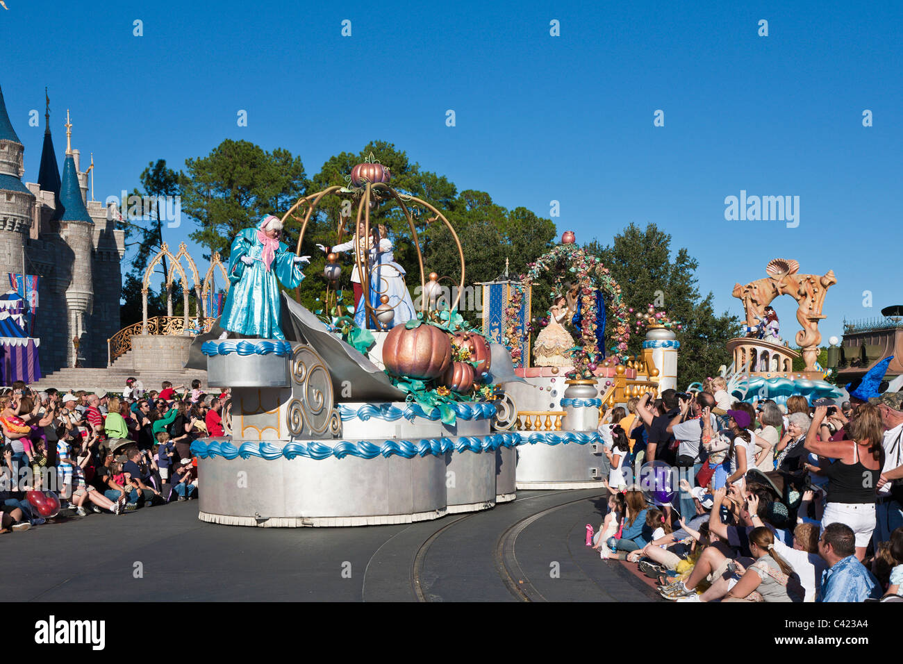 Characters from Cinderella riding a float in A Dream Come True parade ...