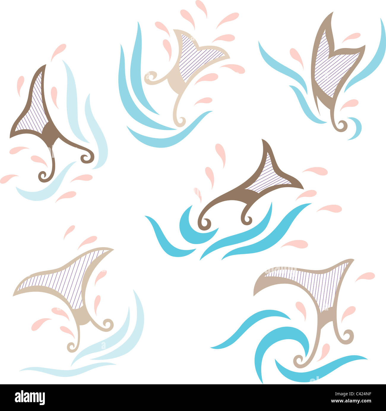 A set of 6 decorative whale tail with water splash and wave Stock Photo ...