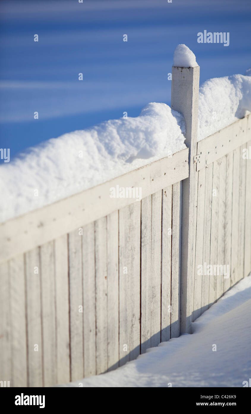 Snow covered white picket fence at Winter , Finland Stock Photo - Alamy