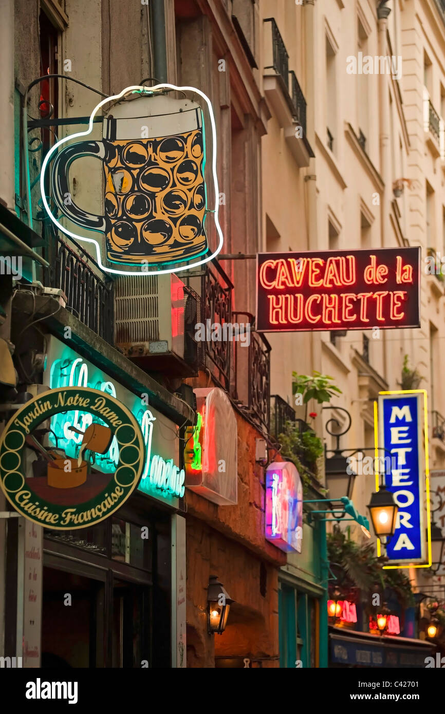 PARIS FRANCE - MAY 06, 2011: Colourful Bar and Cafe signs in the Latin ...