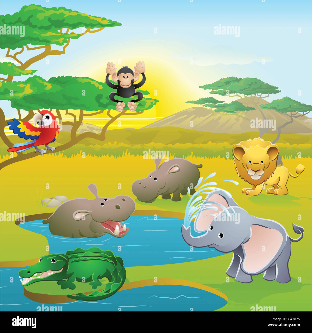 Cute African safari animal cartoon characters scene. Series of three ...