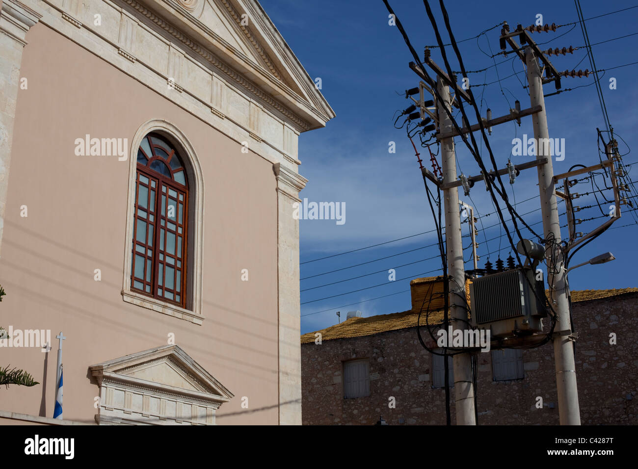 Electrical power cables in Rythmno, Crete Stock Photo - Alamy