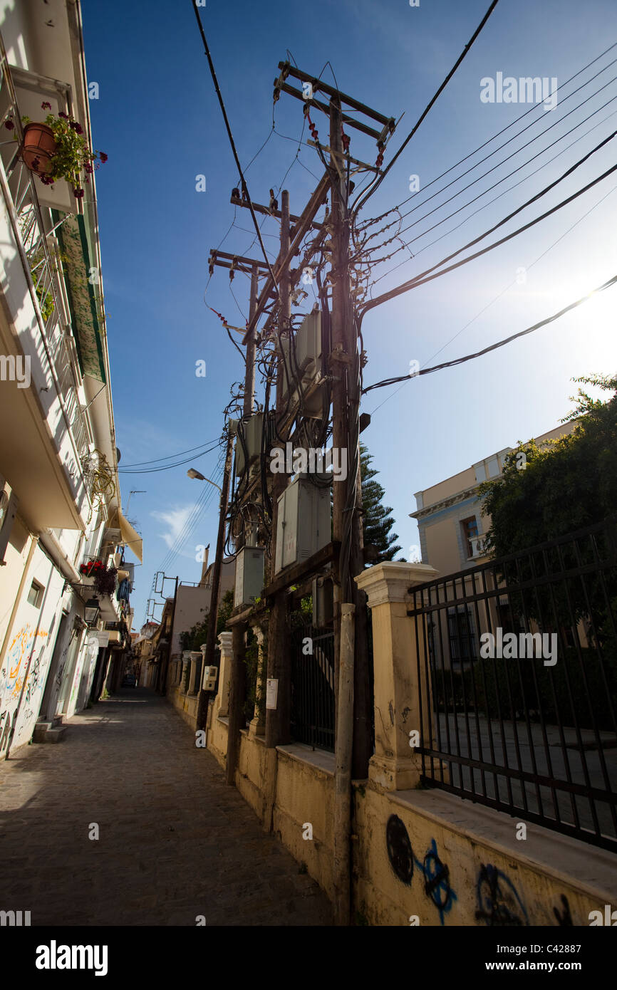 Electrical power cables in Rythmno, Crete Stock Photo - Alamy