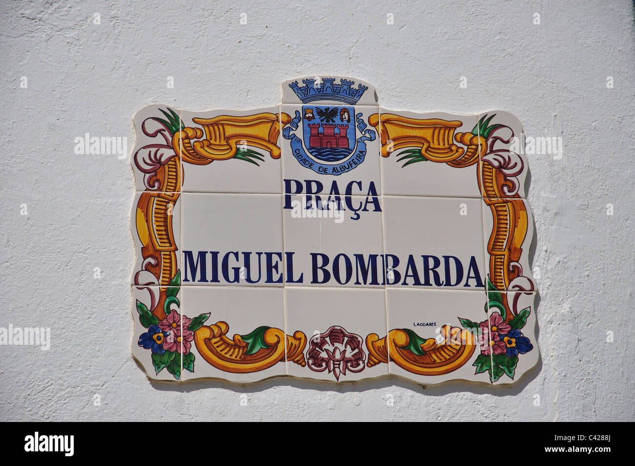 Ceramic sign, Praca Miguel Bombarda, Old Town, Albufeira, Algarve ...