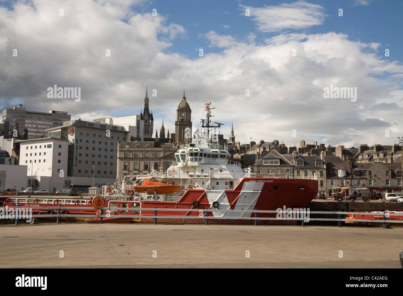 Aberdeen Scotland UK Looking across harbour with clock towers of old ...