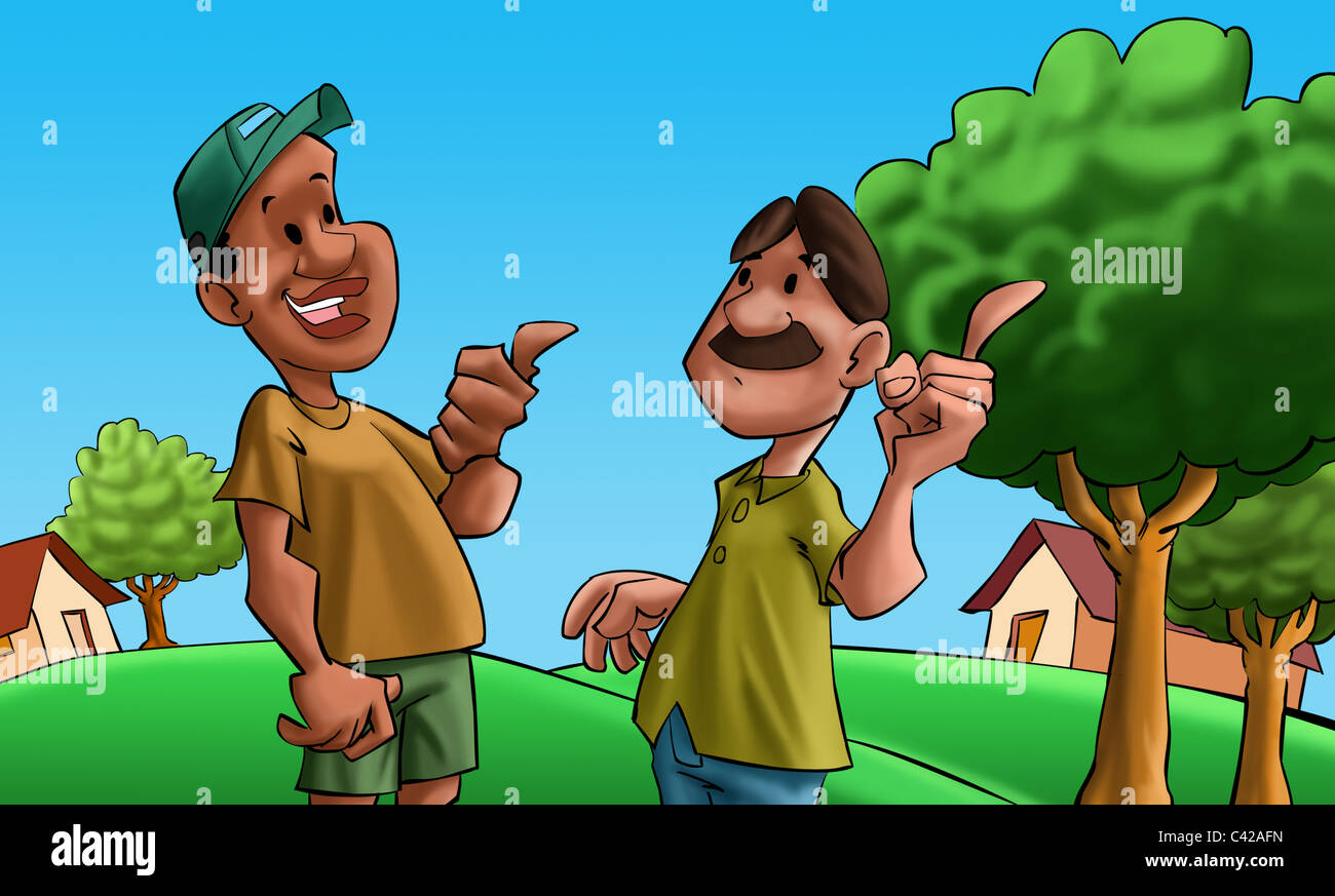 happy friends talking in a small town landscape Stock Photo - Alamy