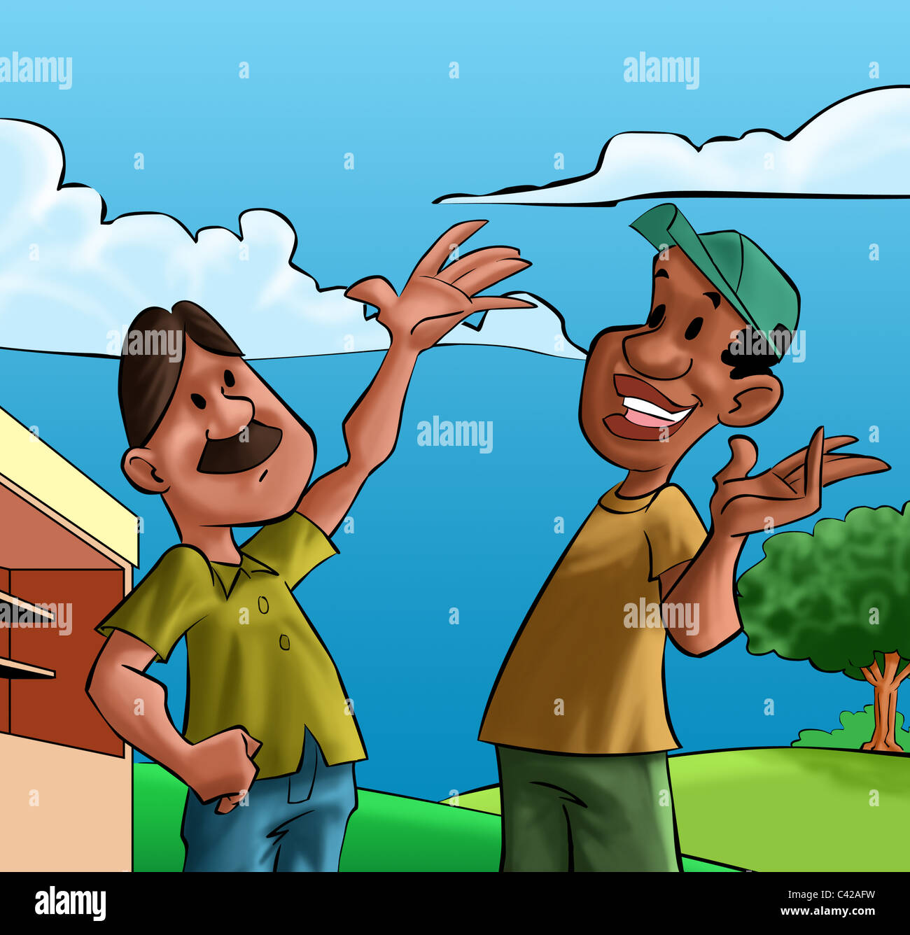 happy friends talking in a small town landscape Stock Photo - Alamy