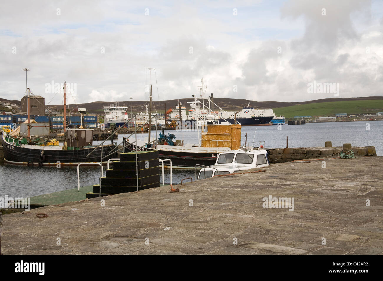 Lerwick Scotland UK Ferry and fishing boats moored in the harbour of ...