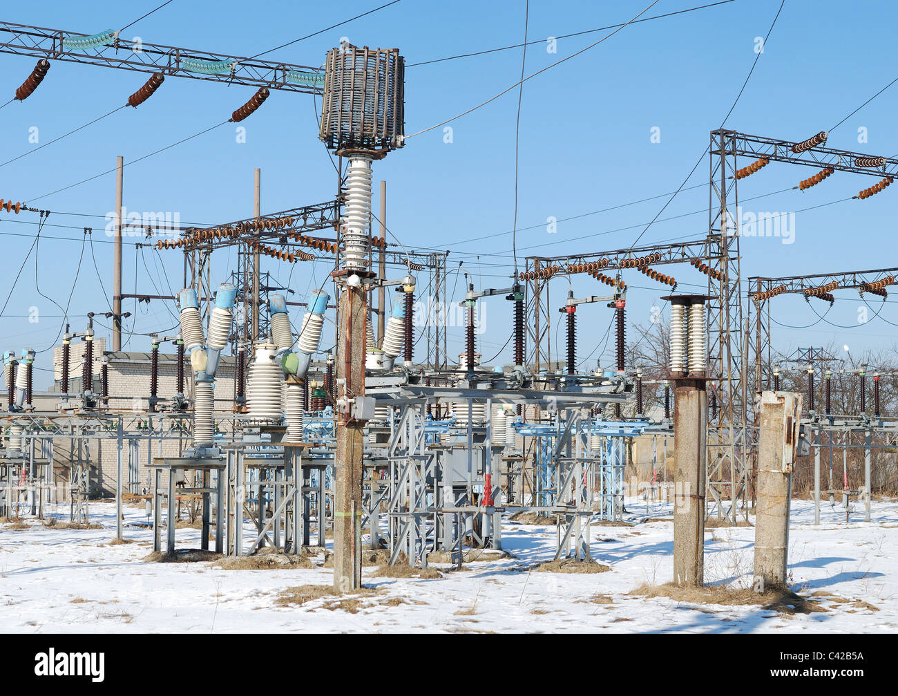 Power plant - transformation station. Multitude of cables and wires ...