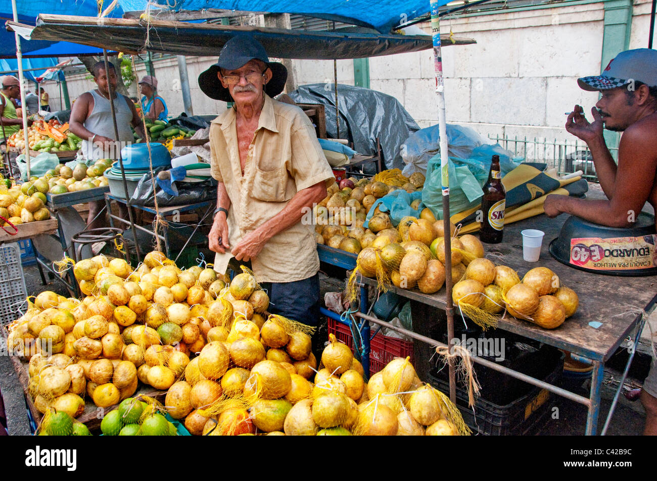 Stall holder selling fruit and veg on market stall Recife Brazil Stock ...