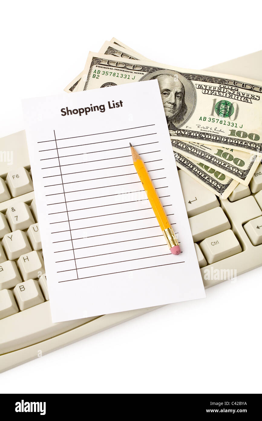 computer keyboard and shopping list, online shopping Stock Photo - Alamy