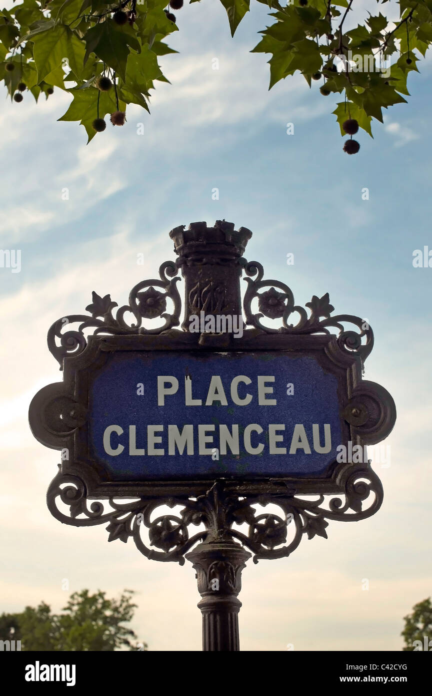 PARIS, FRANCE - MAY 07, 2011: Ornate Street sign for Place Clemenceau ...