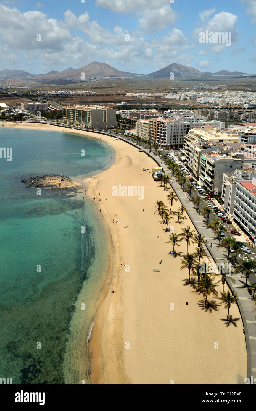 Playa del Reducto Beach and Arrecife skyline, Lanzarote, "Canary ...