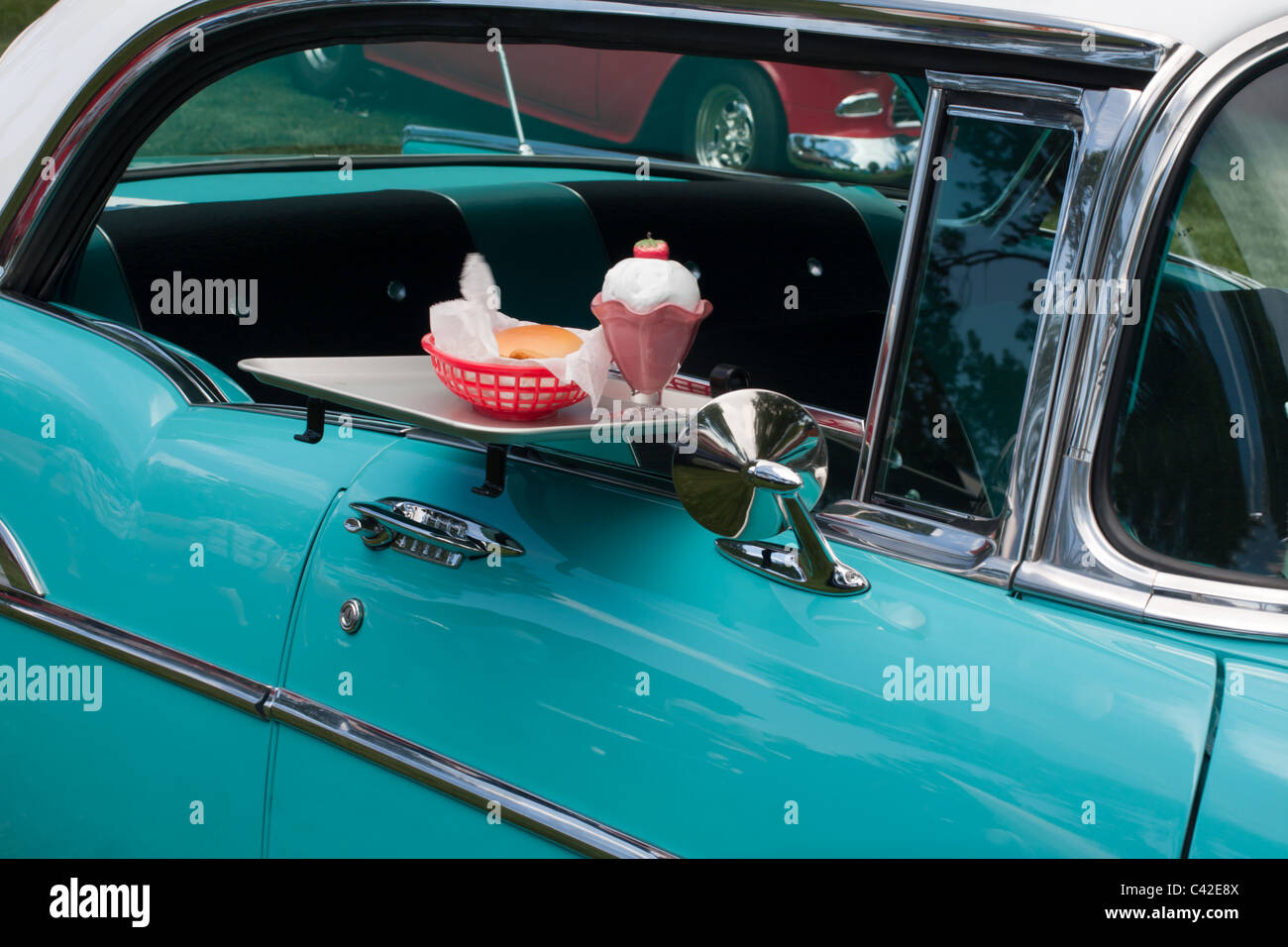 classic car in fast food drive in with burger and milk shake Stock ...