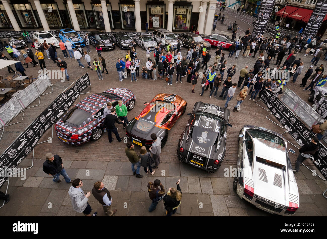 Aerial view of cars parked on Covent Garden Piazza at the start of the ...