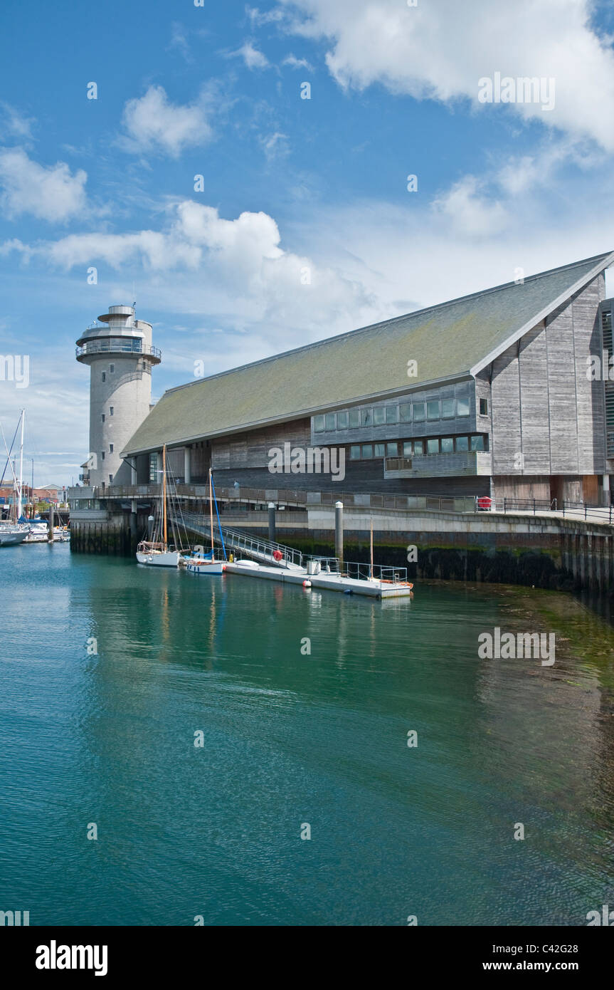 Yachts in marina Falmouth Cornwall England with Maritime Museum Stock Photo - Alamy
