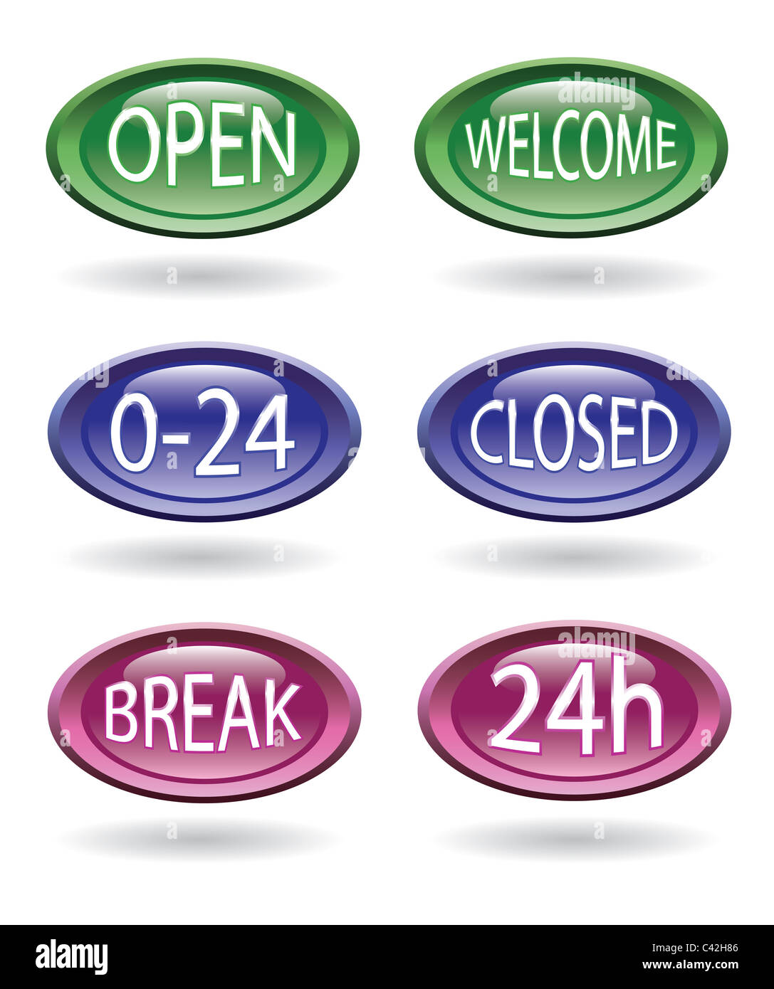 Set of shop or store signs - open, close, welcome, 24hours Stock Photo ...