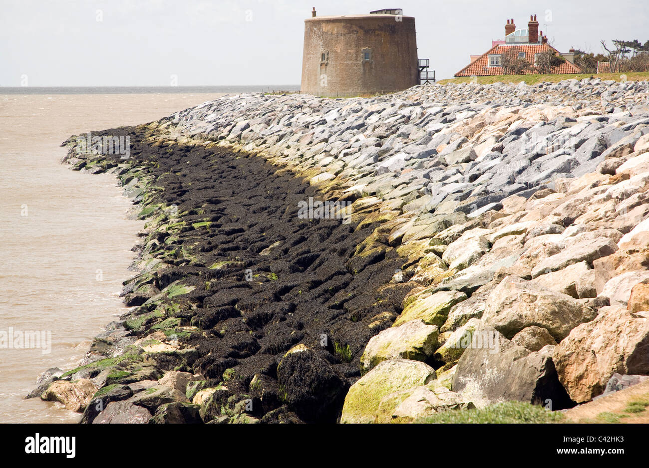 Rock armour coastal defences protect the martello tower East Lane ...