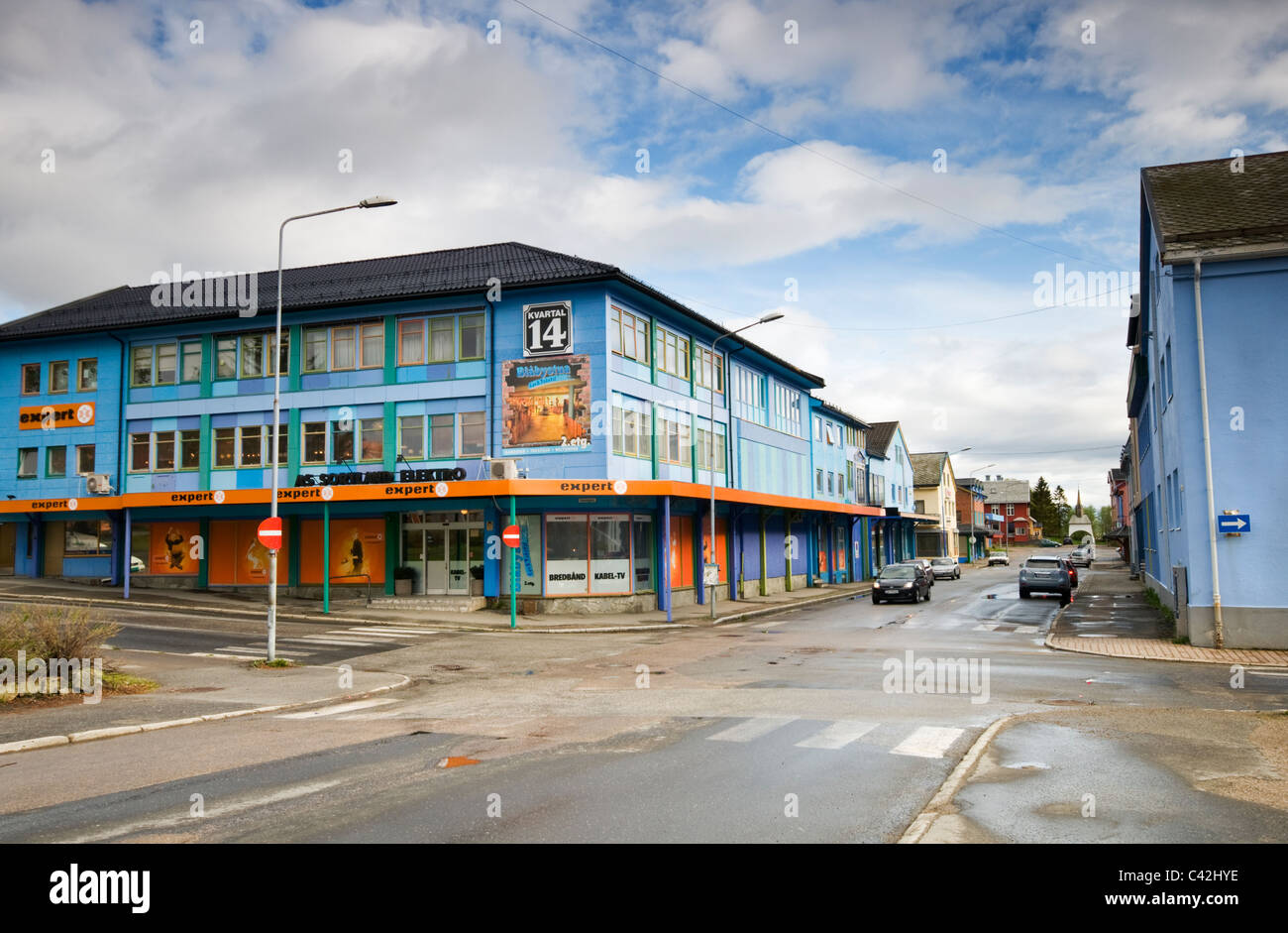 The town centre of Sortland in Norway, which is known as the Blue City ...