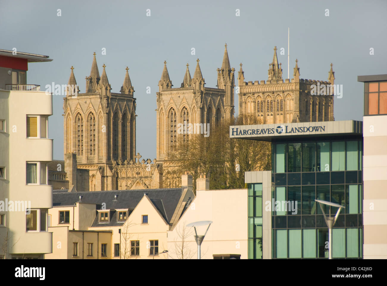 Bristol cathedral behind modern buildings, view from harbourside ...