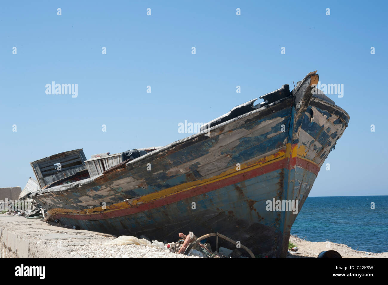 Ancient hull abandoned in Marsala harbour, Western Sicily, Italy Stock ...