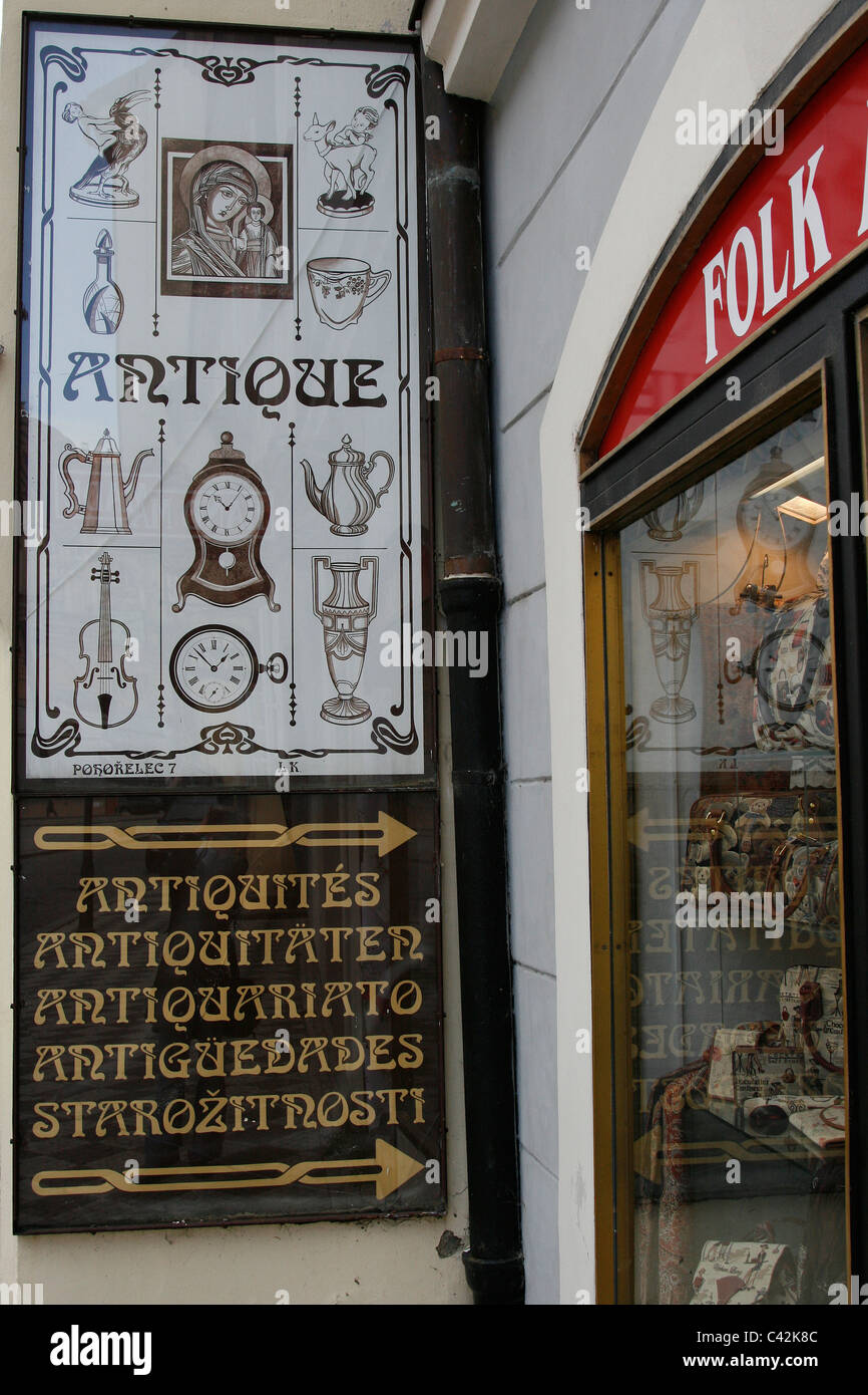 An nostalgic advertisement sign of an antique shop in Prague, Czech ...