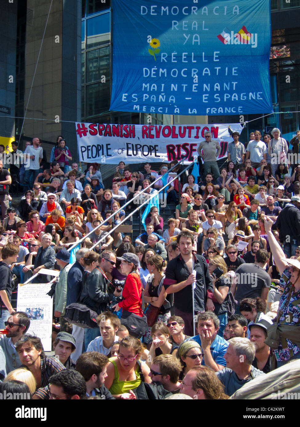 Paris, France, High Angle, Crowd Demonstrating in Support of Spanish ...