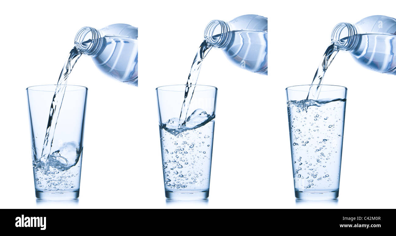 set of water pouring into glass on white background Stock Photo - Alamy