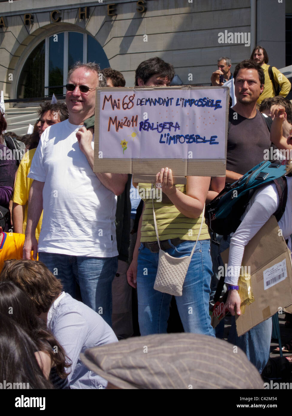 Paris, France, Crowd Demonstrating in Support of Indignants "Democracia ...