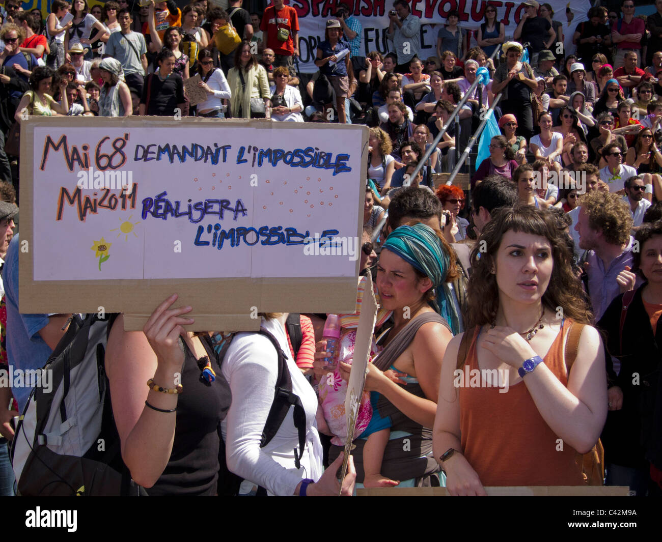 Paris, France, Crowd Demonstrating in Support of Indignants "Democracia ...