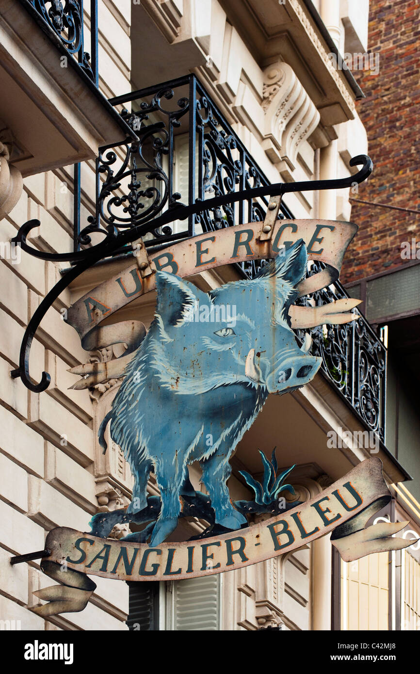 PARIS, FRANCE - MAY 08, 2011: Metal sign for the Auberge Sanglier Bleu ...