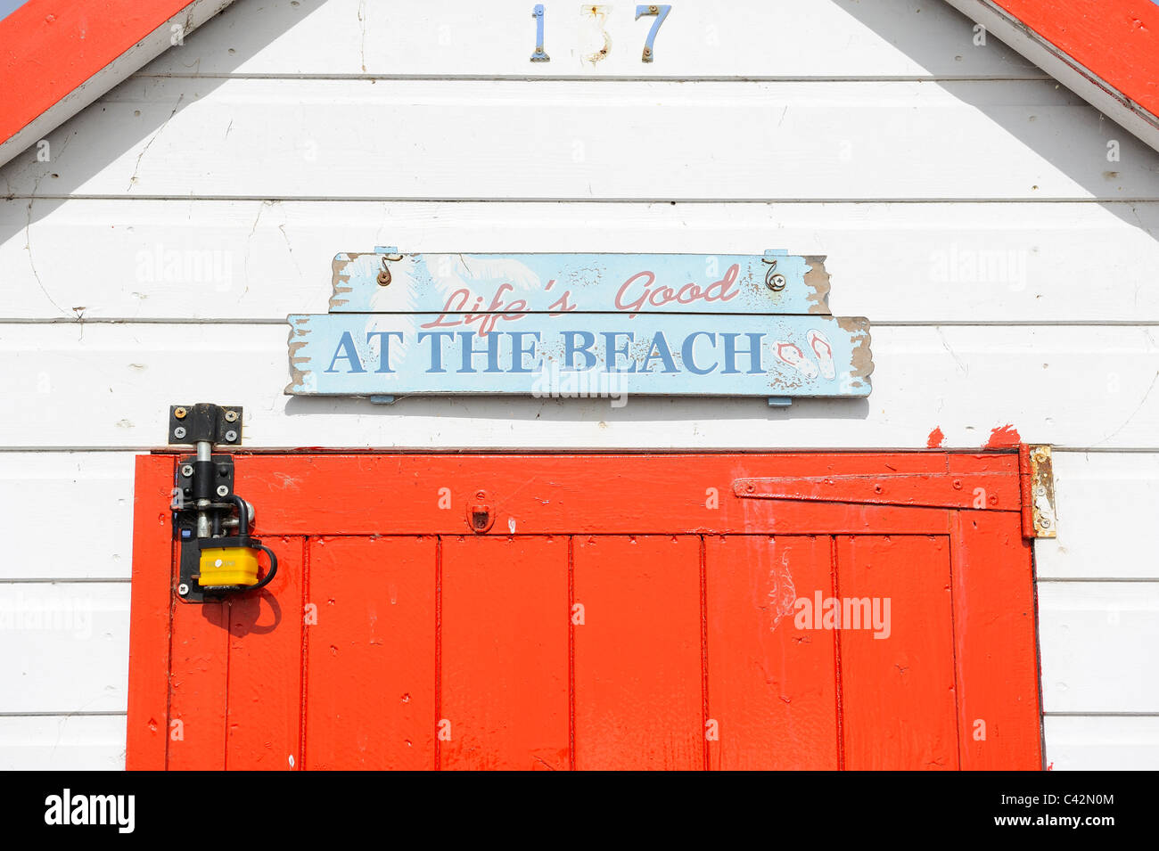 beach hut with life's good at the beach sign devon england uk Stock ...